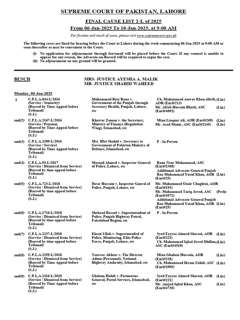 SUPREME COURT OF PAKISTAN, LAHORE FINAL CAUSE LIST 2-L of 2025 From 06 ...