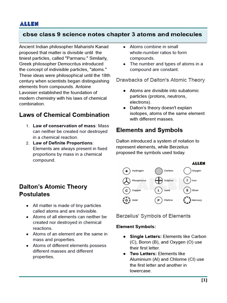 Atoms and Molecules Class 9 Notes | PDF | Ion | Valence (Chemistry)