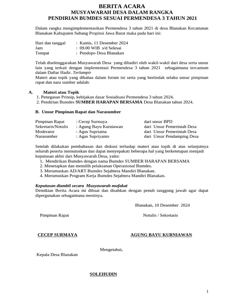 Berita Acara Musdes | PDF