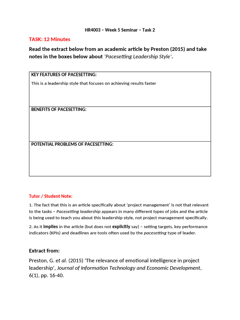 Pacesetting Leadership Style Overview | PDF | Leadership | Occupational ...