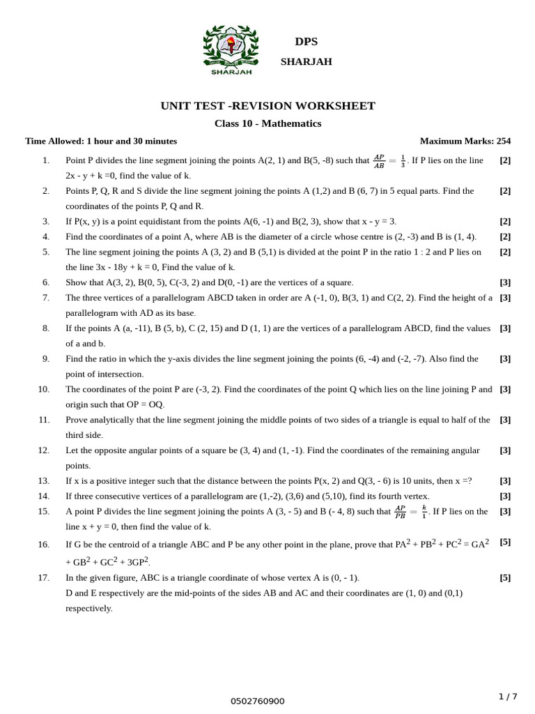 Class 10 Mathematics Unit Test Worksheet | PDF | Circle | Triangle