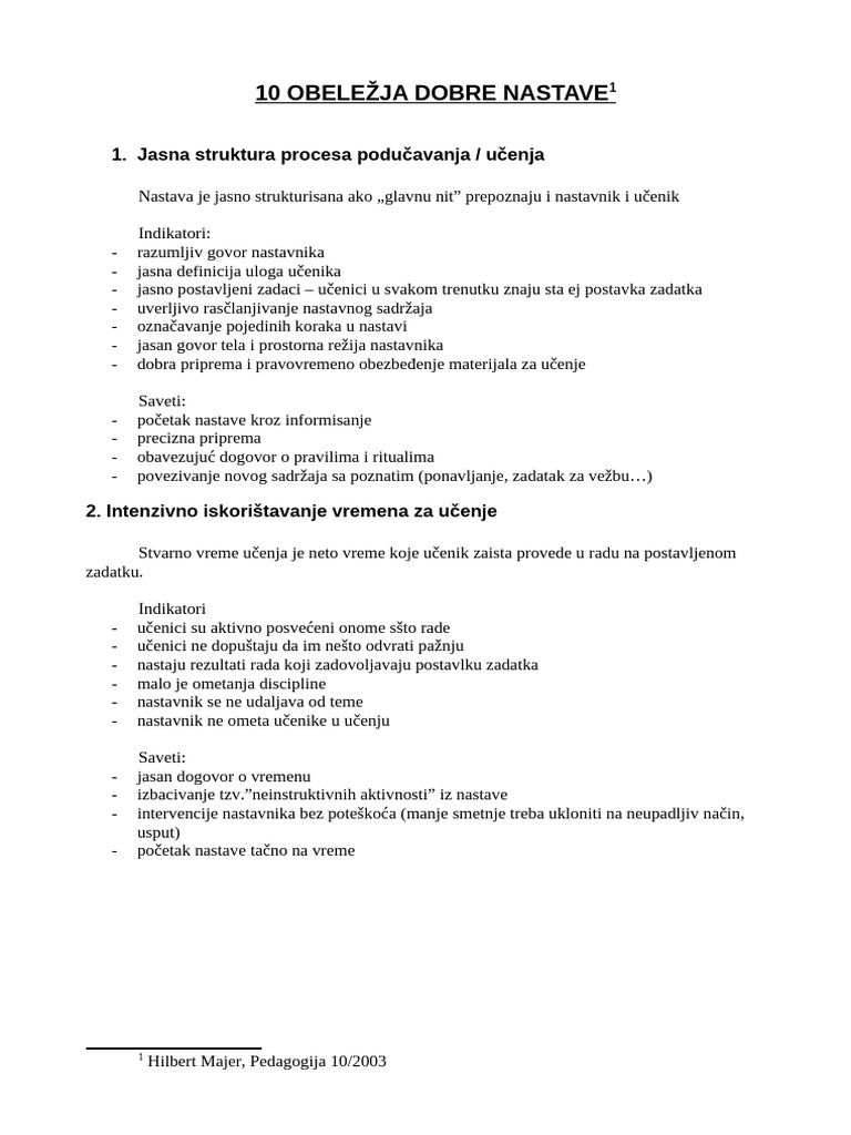 10 Obelezja Dobre Nastave | PDF