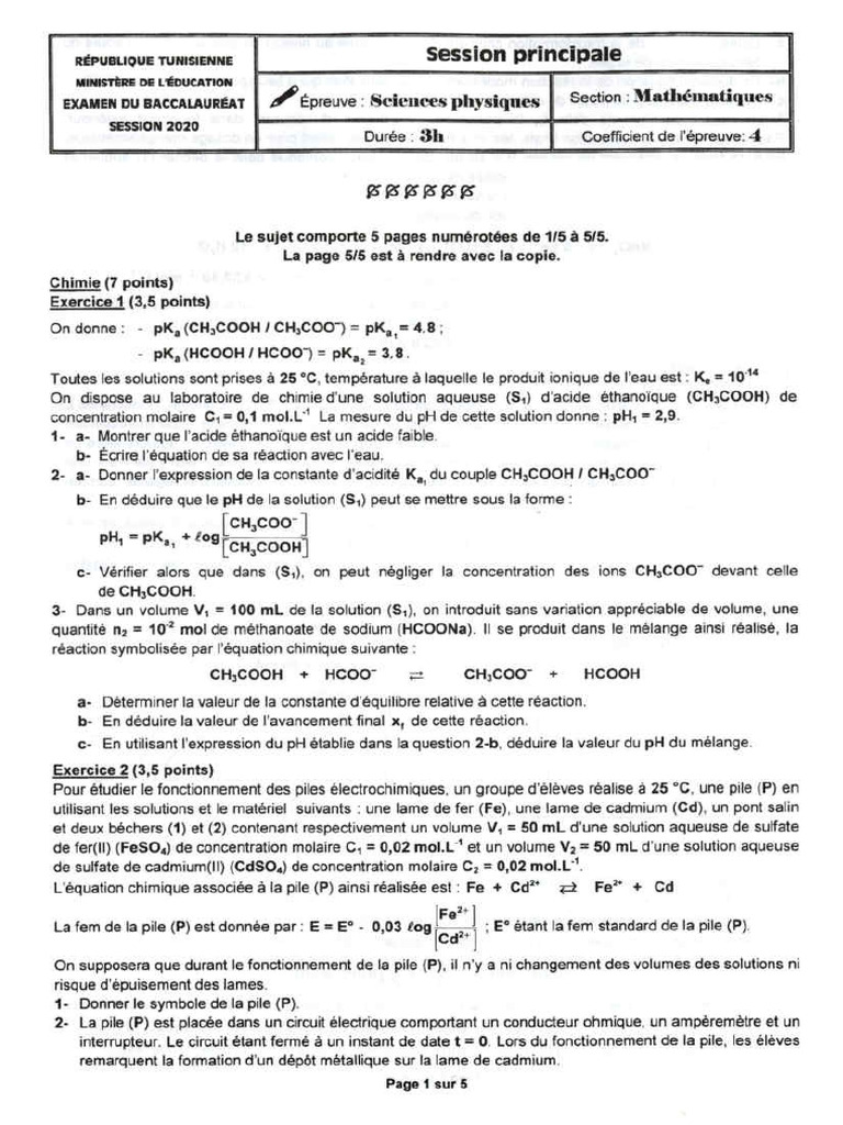 Bac 2020 Bac Math Epreuve Physiques Session Principale PDF | PDF