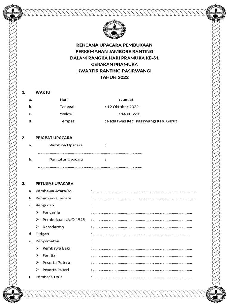 Renup Susunan Upacara Pembukaan Perkemahan Jamran 2022 | PDF