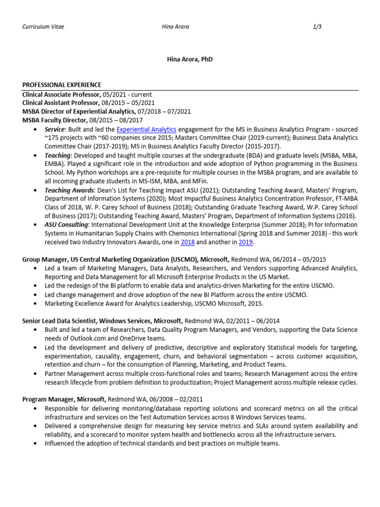 Curriculum Vitae - Hina Arora | PDF | Arizona State University | Postgraduate Education