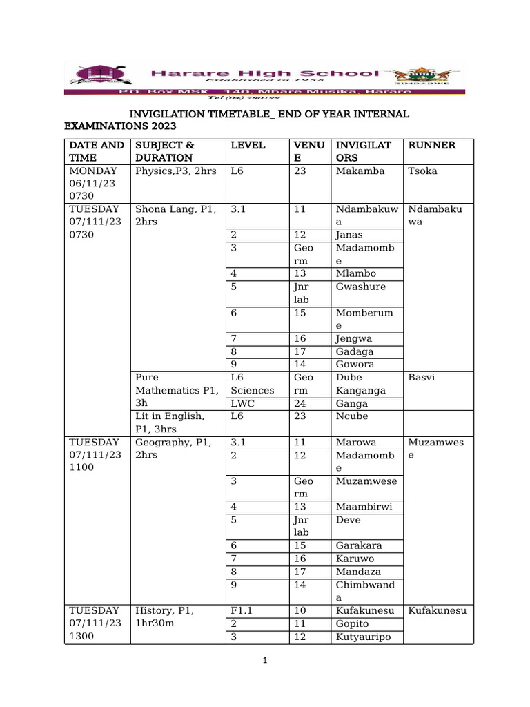 End of Year Invigilation Timetable 2023 Print | PDF End of Year Invigilation Timetable 2023 Print | PDF
