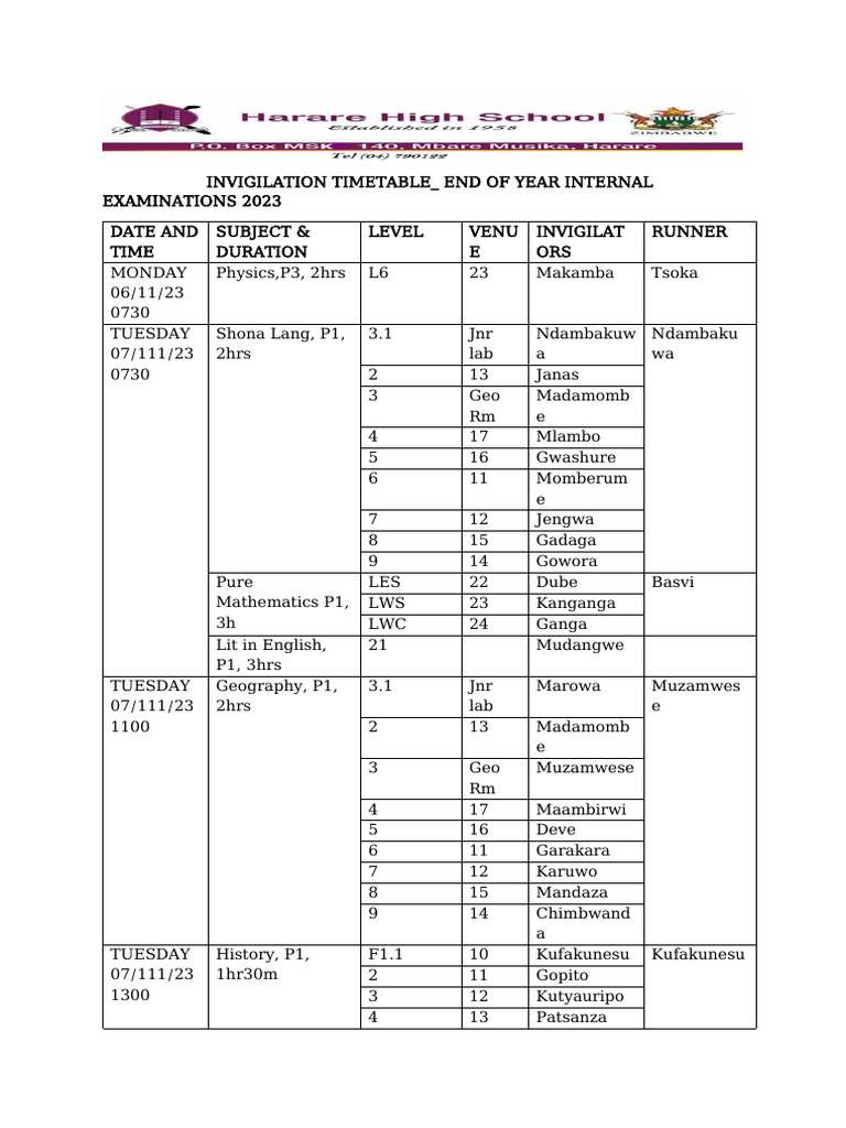 End of Year Invigilation Timetable 2023 Latest | PDF | Natural Sciences