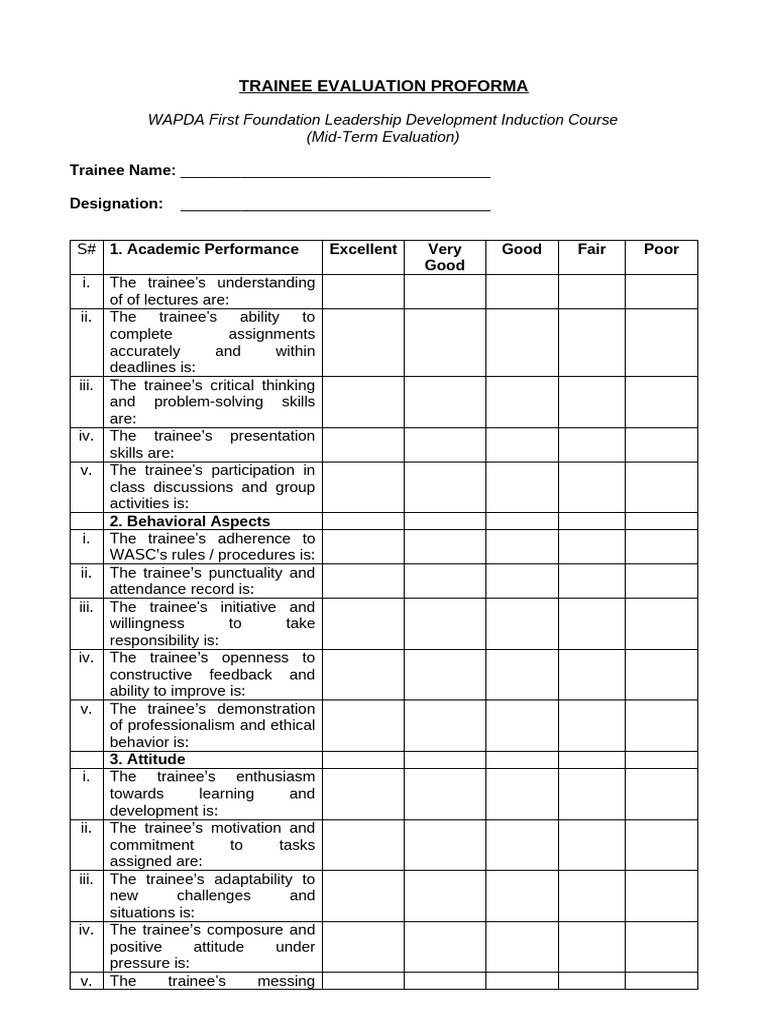 Trainee Evaluation Proforma | PDF | Skill | Behavioural Sciences