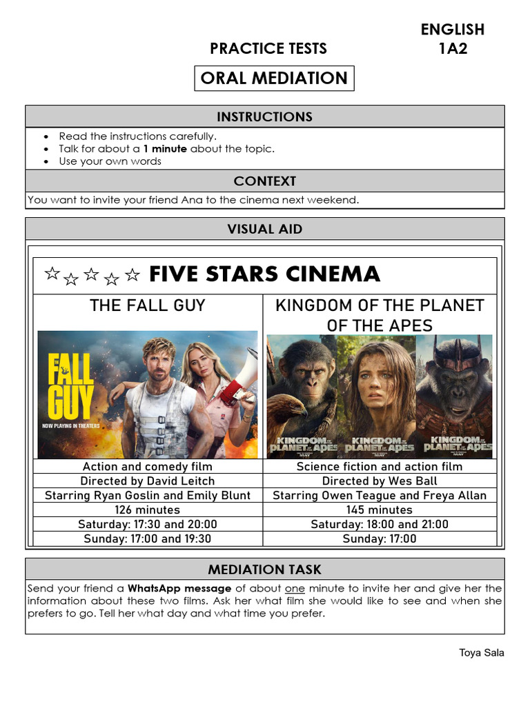 English A2 Oral Mediation Cinema | PDF