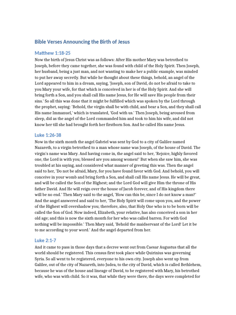Bible Verses Announcing Birth of Jesus | PDF | Saint Joseph | Jesus