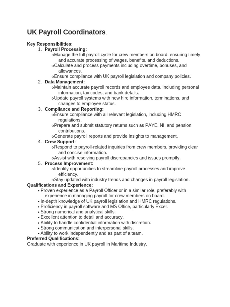 UK Payroll Coordinators-JD | PDF