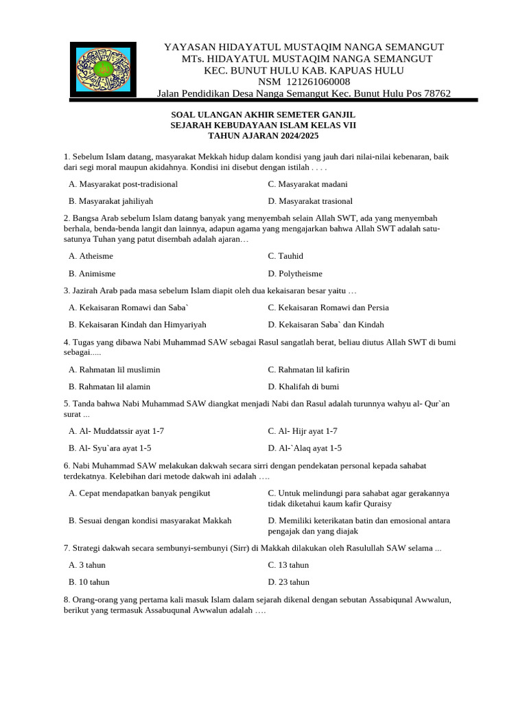 SOAL DAN JAWABAN UAS SKI KELAS VII Desember 2024 | PDF