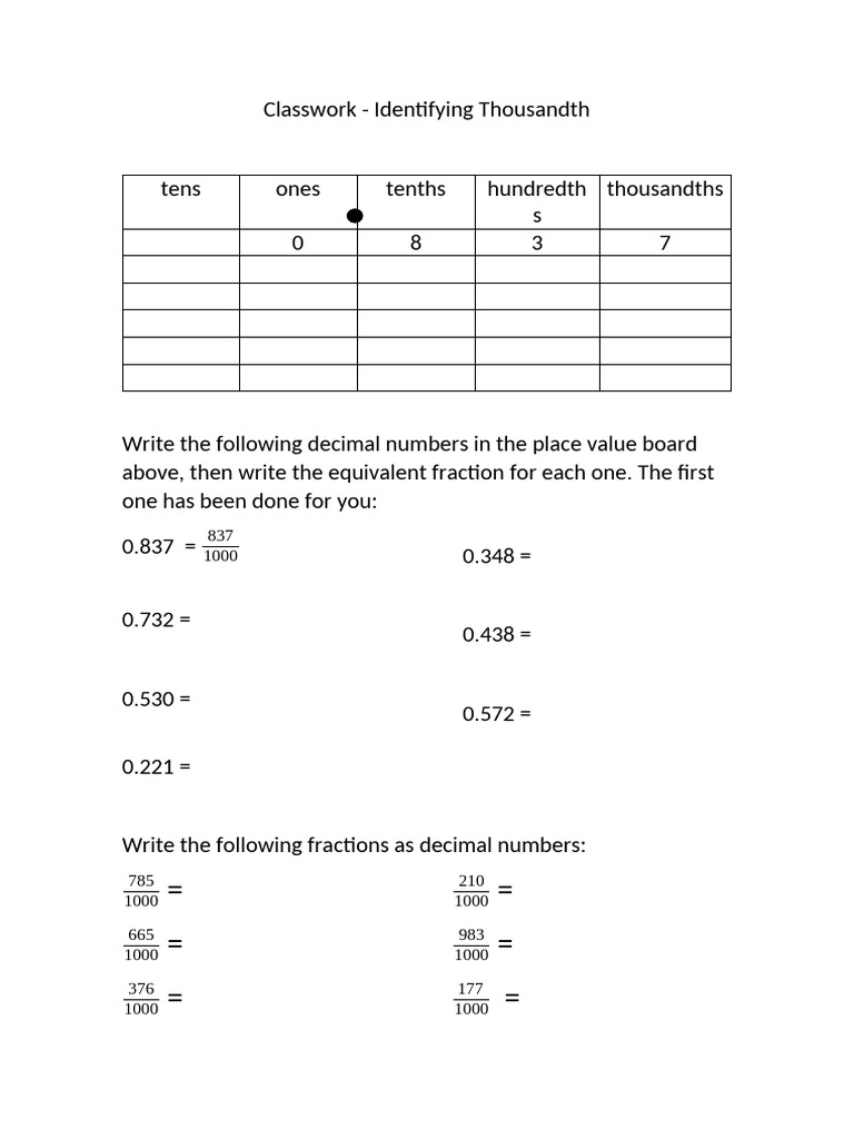 Classwork 1 - Identifying Thousandth | PDF | Decimal | Numbers