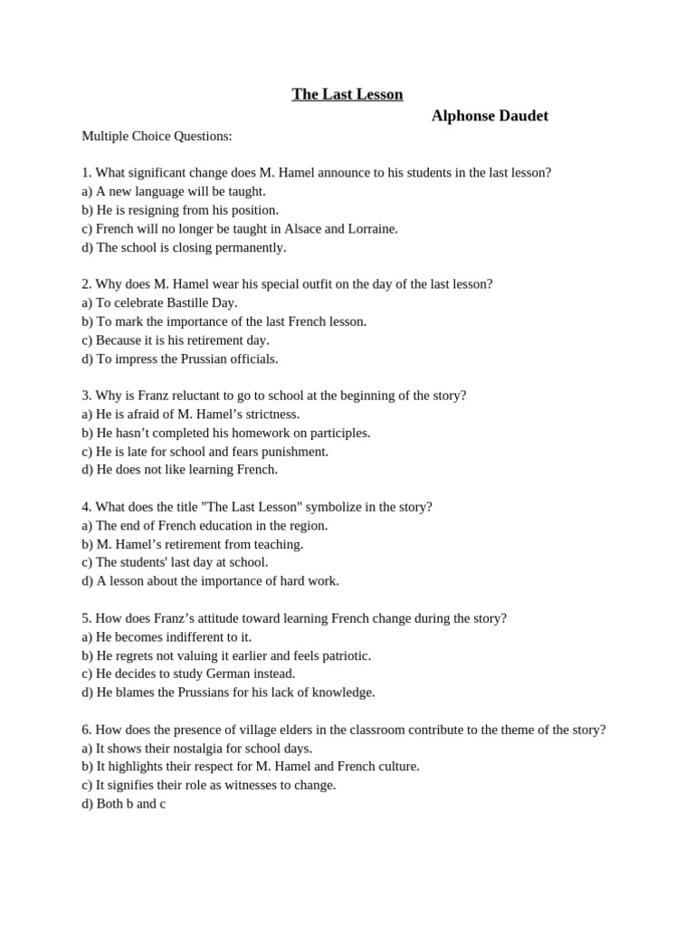 The Last Lesson MCQ 2 | PDF