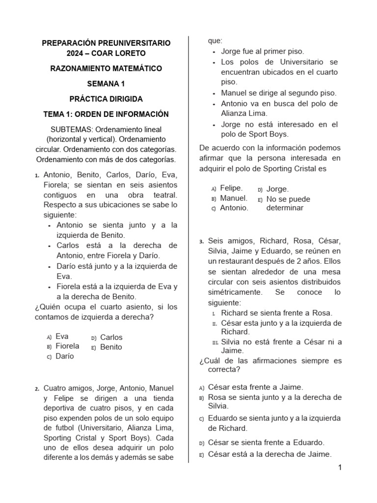 SEMANA 1. Práctica Dirigida | PDF | Asociación de clubes de fútbol