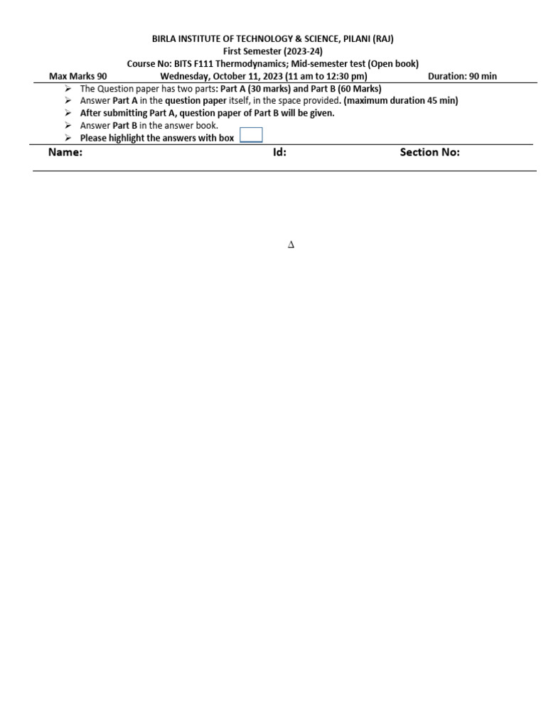 BITS Pilani F111 Mid-Semester Exam 2023 | PDF | Gases | Pressure