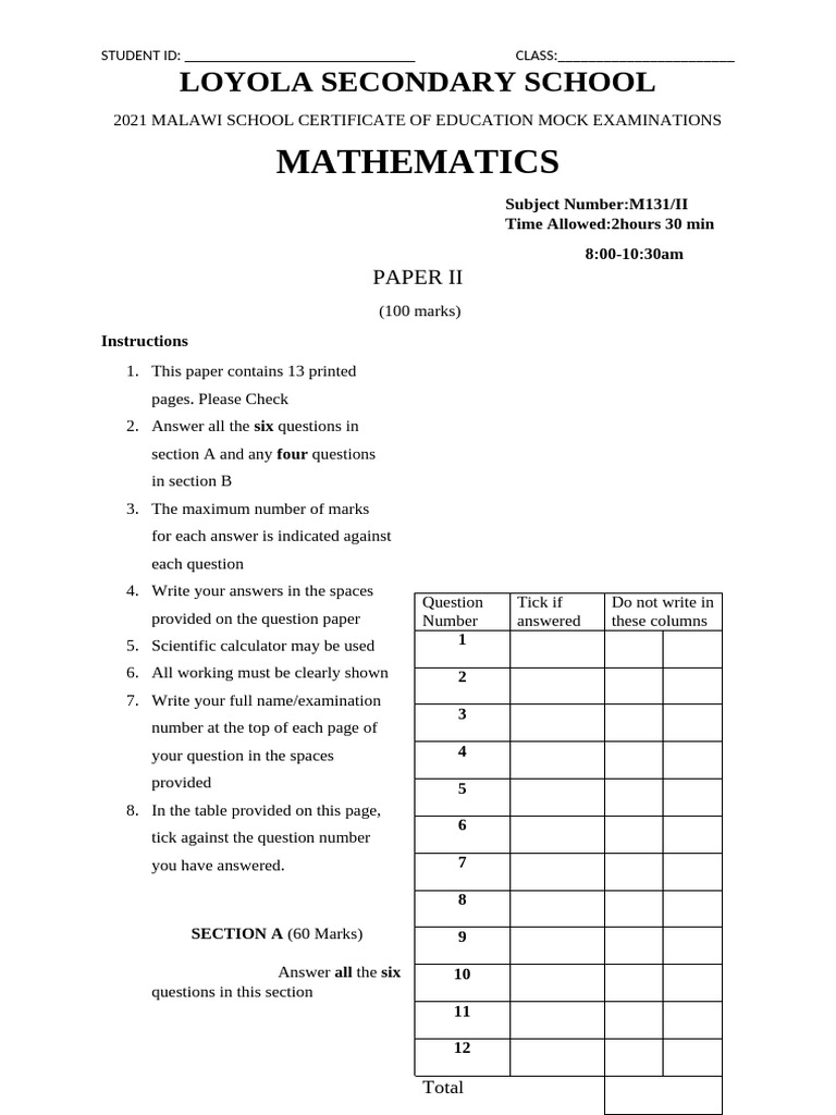 2021 MSCE Maths Paper II Loyola | PDF | Circle | Angle