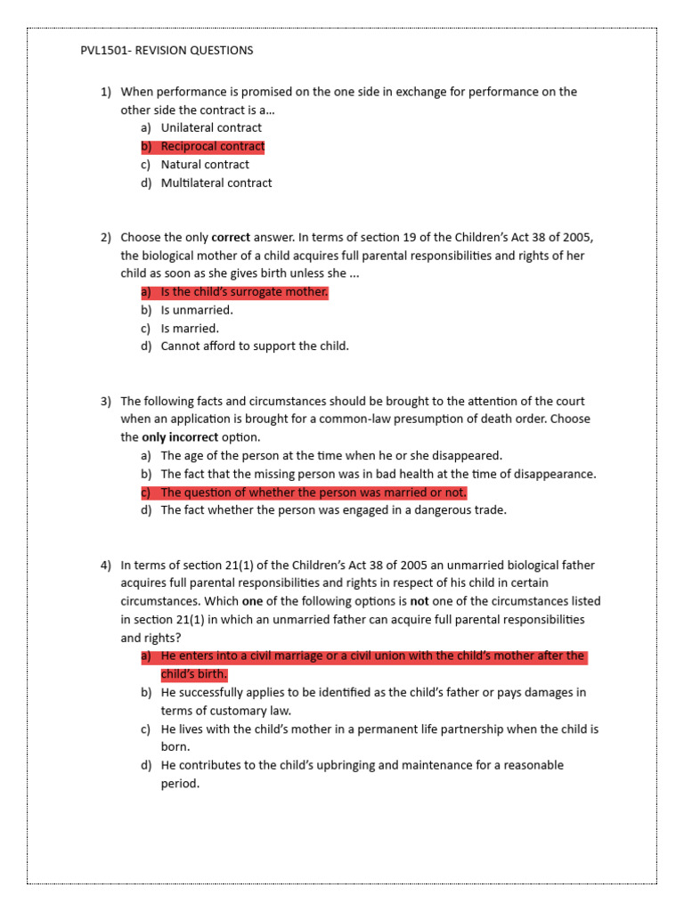 Exam Prep - 2023 - MCQ 05 - QUESTION & MEMO | PDF | Social Institutions | Civil Law (Legal System)