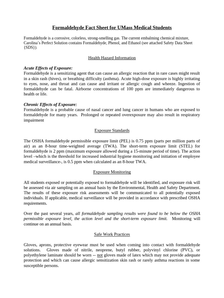 Formaldehyde Fact Sheet For Umass Medical Students Revised 20131 | PDF ...