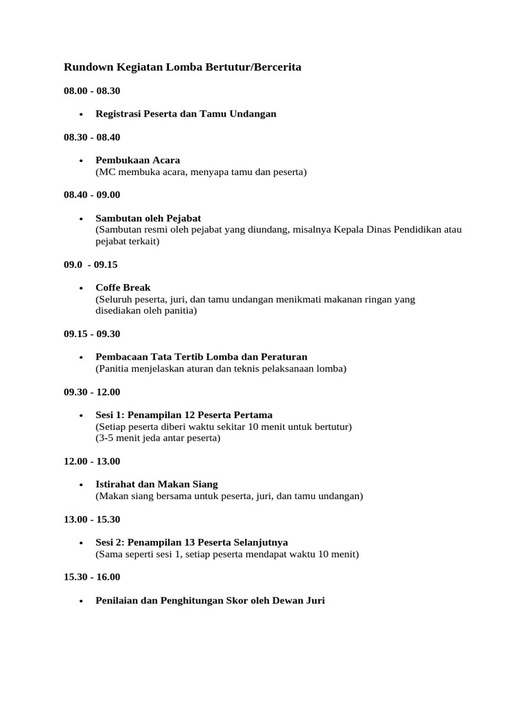 Rundown acara kegiatan lomba bertutur | PDF