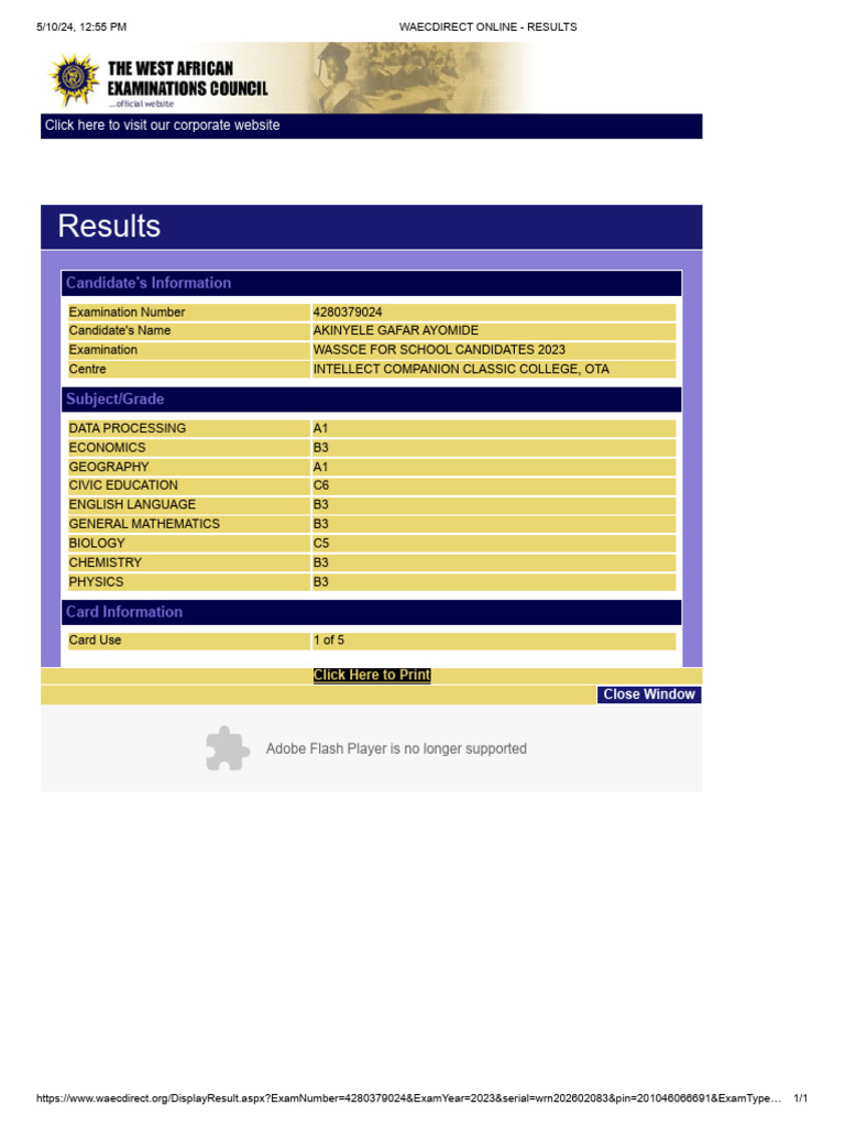 Waecdirect Online - Results Gafar | PDF