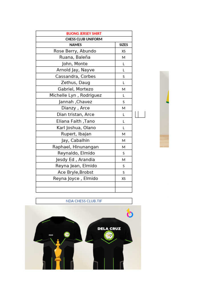 Chess Club Uniform Names Sizes: Buong Jersey Shirt | PDF