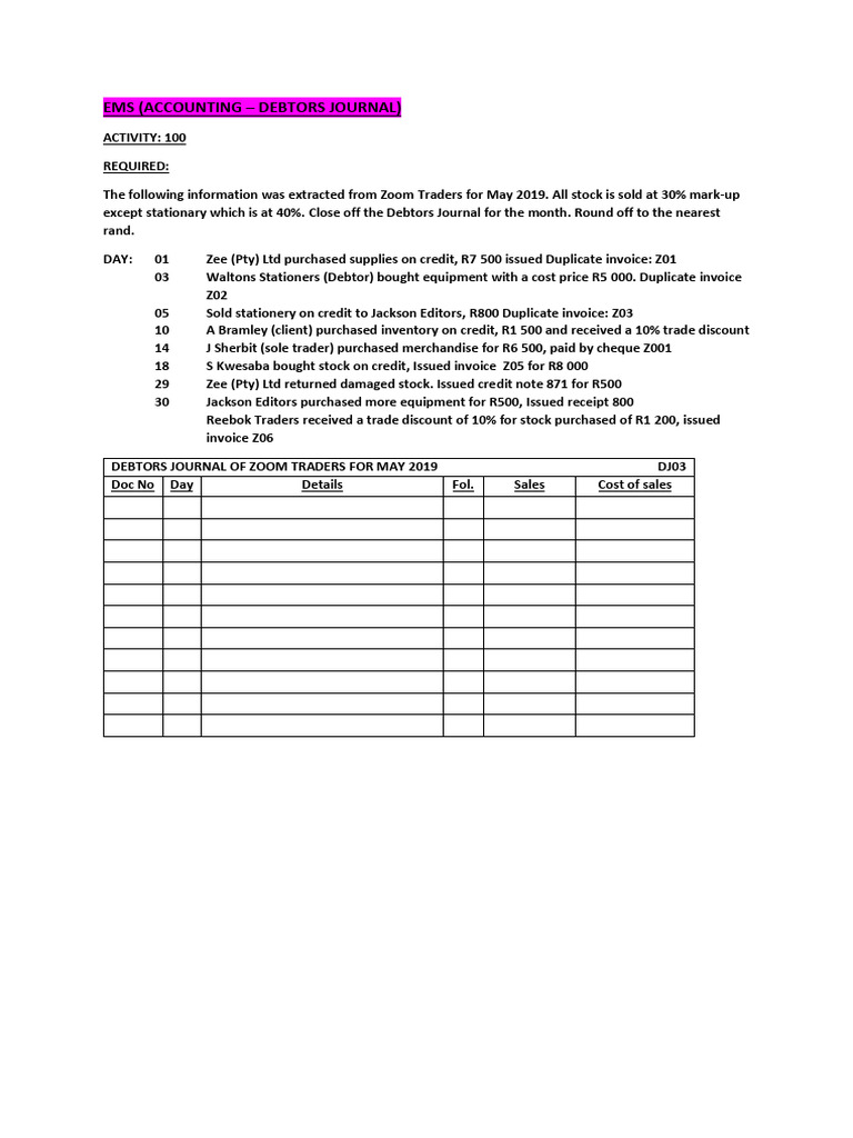 Grade 9 Ems - Activity 100 (Debtors Journal) | PDF