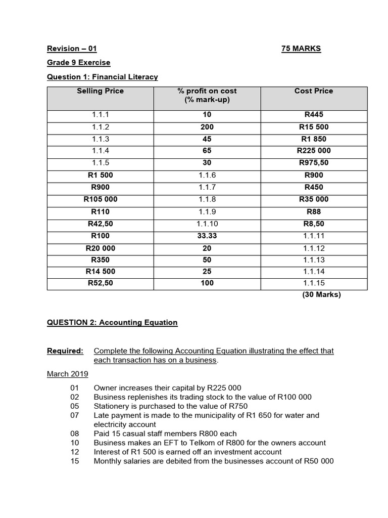 Grade 9 - Revision 1 (1) | PDF | Debits And Credits | Money