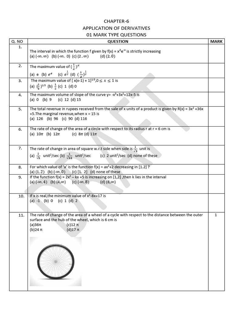 1 Mark Type (Application of Derivatives) | PDF | Acceleration | Derivative
