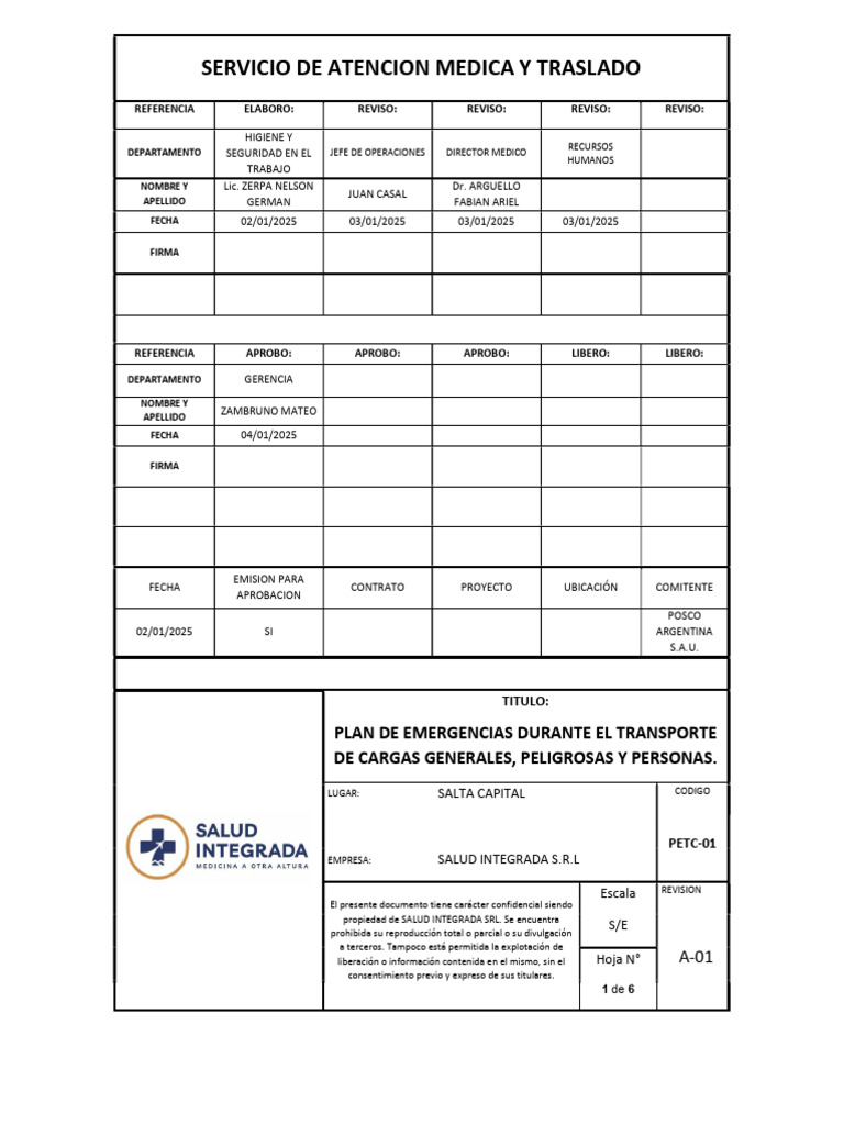 PLAN DE EMERGENCIAS Transporte de Cargas Generales, Peligrosas y ...