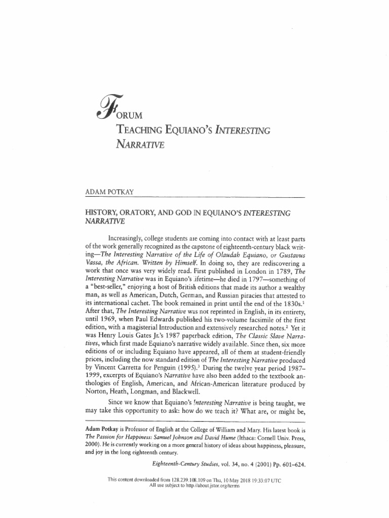 Potkay History Oratory and God in Equian | PDF