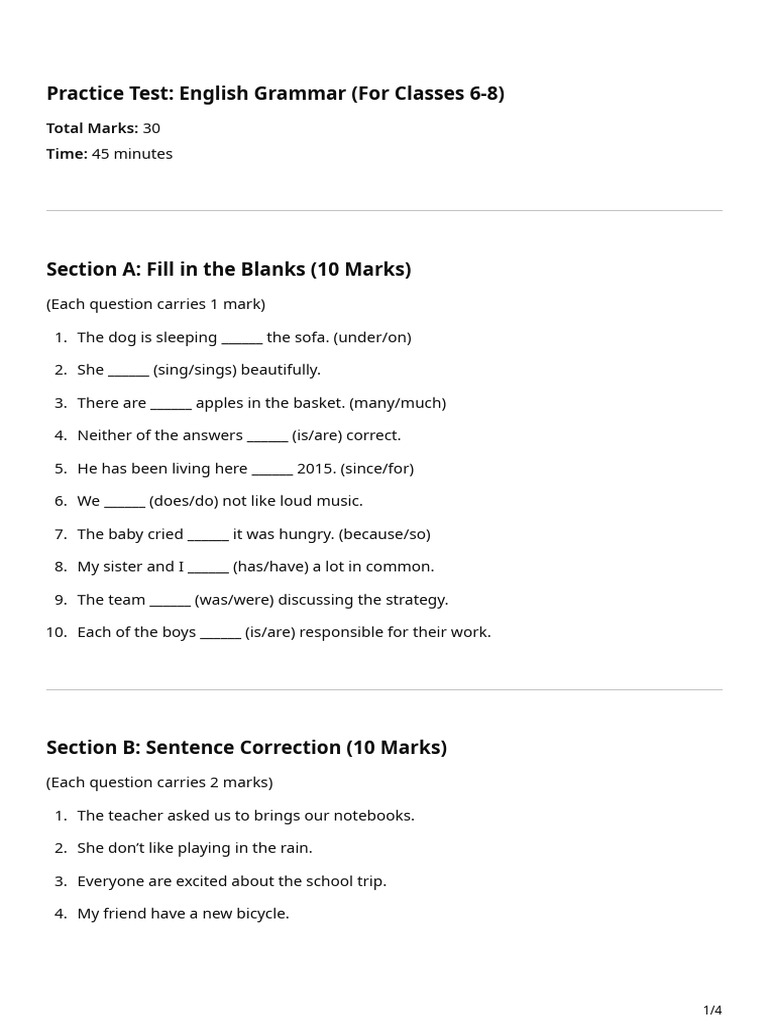 English Test For 6-8 With Solutions | PDF