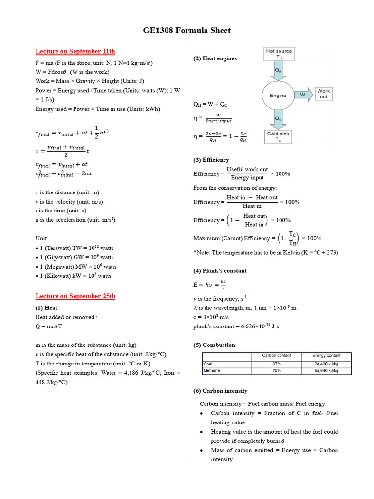 GE1308 - Formula Sheet - W1-W9 - Final | PDF | Watt | Fuels
