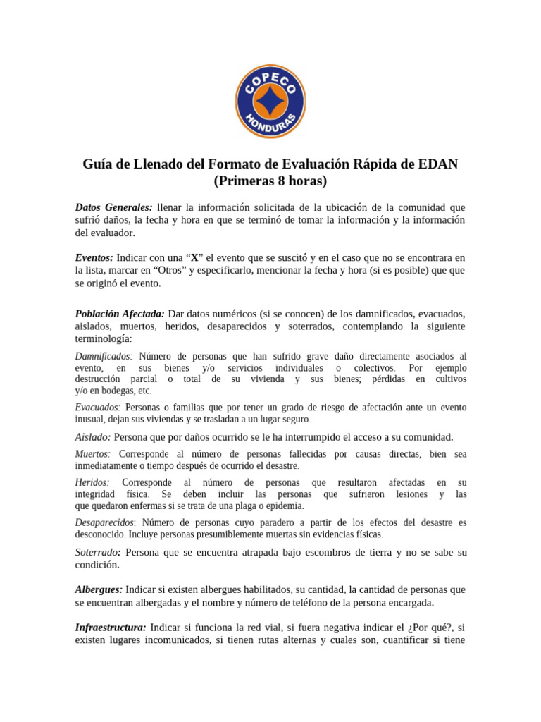 Guia de Llenado Formato EDAN Primeras 8 Horas | PDF | Agua | Alimentos