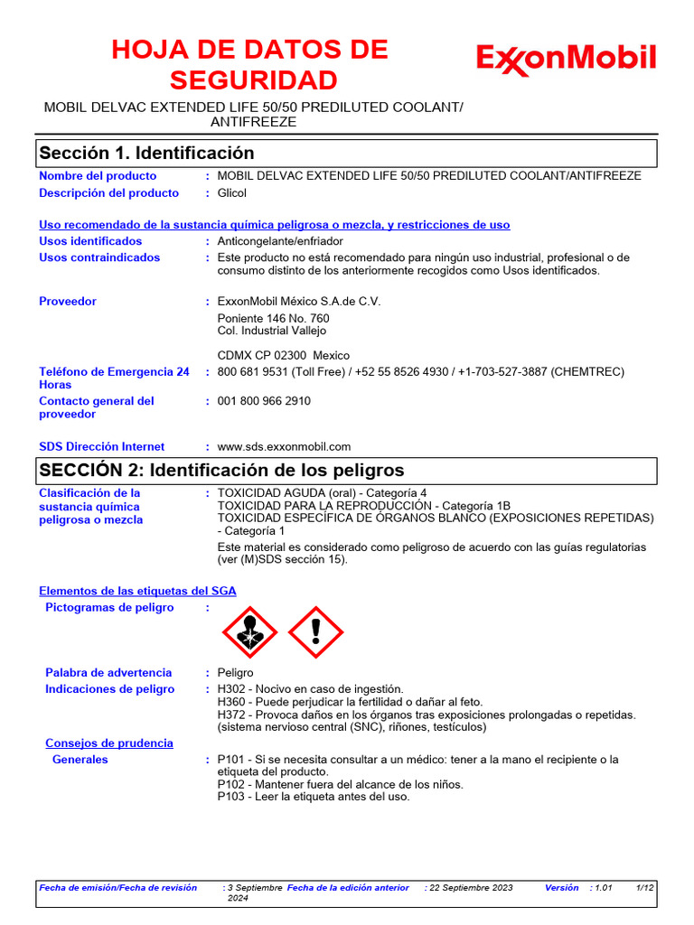 SDS Mobil Delvac 50 - 50 Coolant Antifreeze | PDF | Residuos | Reciclaje