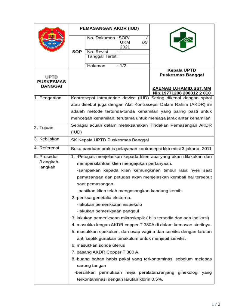 SOP Pemasangan AKDR (IUD) | PDF