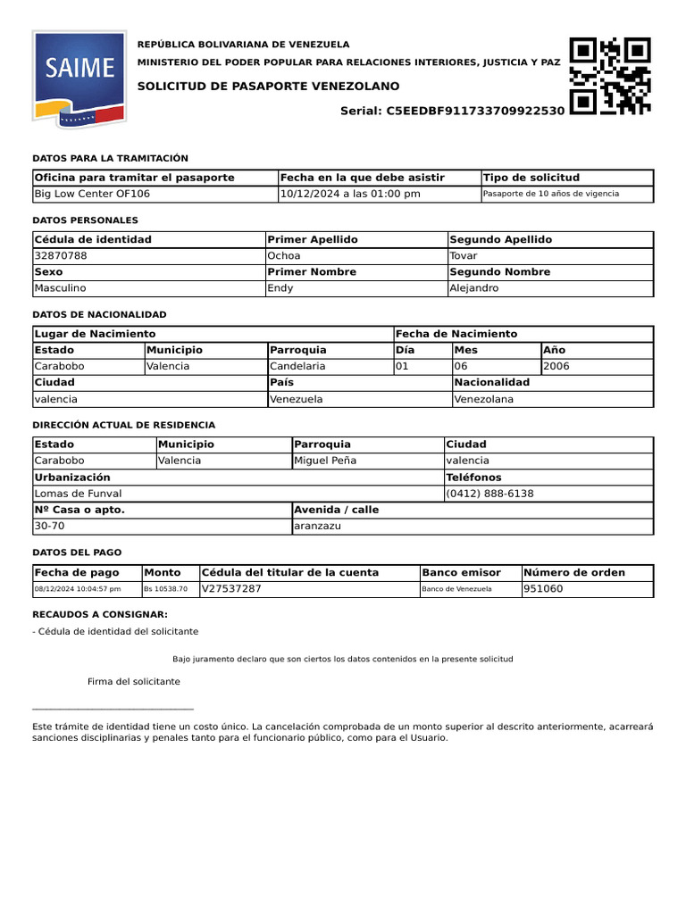 PlanillaDeSolicitudDePasaporte Endy | PDF | Venezuela | Documento de identidad