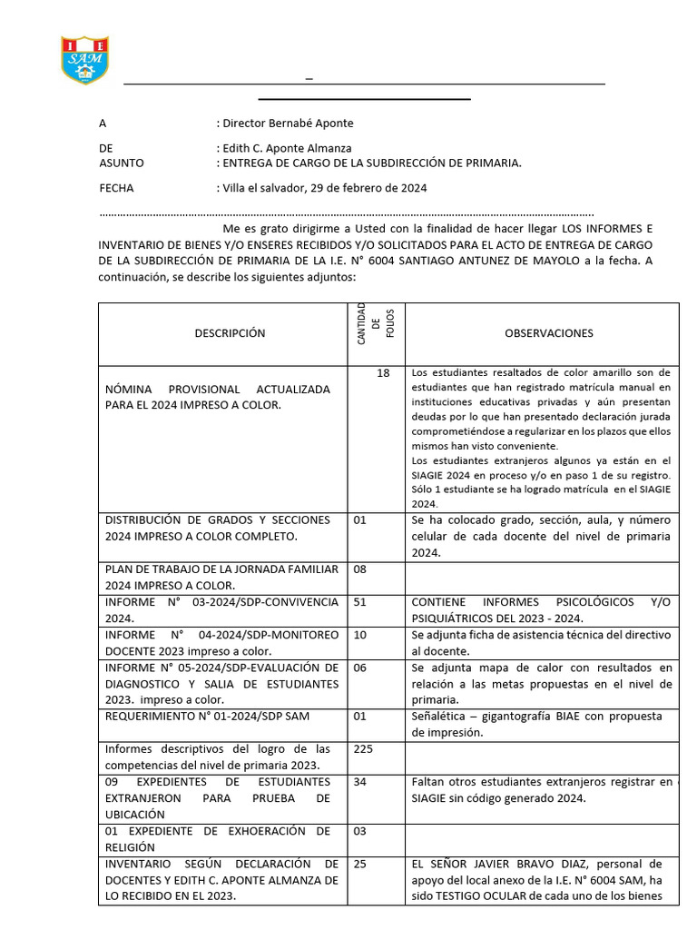 Informe de Entrega de Cargo | PDF