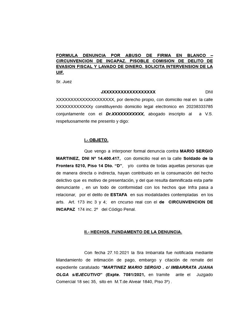 FORMULA DENUNCIA.docx | PDF | Intención (Derecho Penal) | Derecho penal