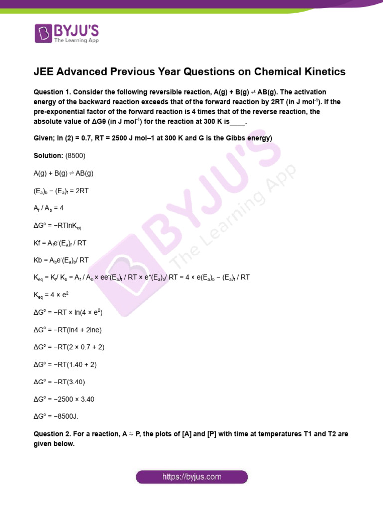 JEE Advanced Previous Year Questions On Chemical Kinetics | PDF ...