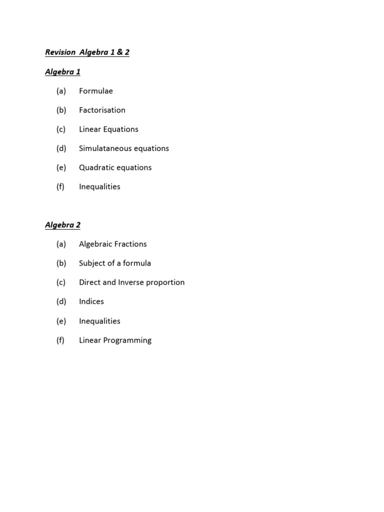 Algebra 1 & 2 Revision Guide | PDF