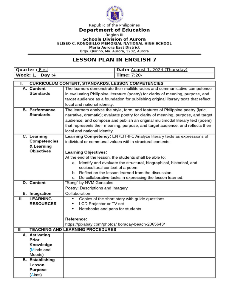 Matatag LP-Q1-W1 Day 4 | PDF | Learning | Cognition