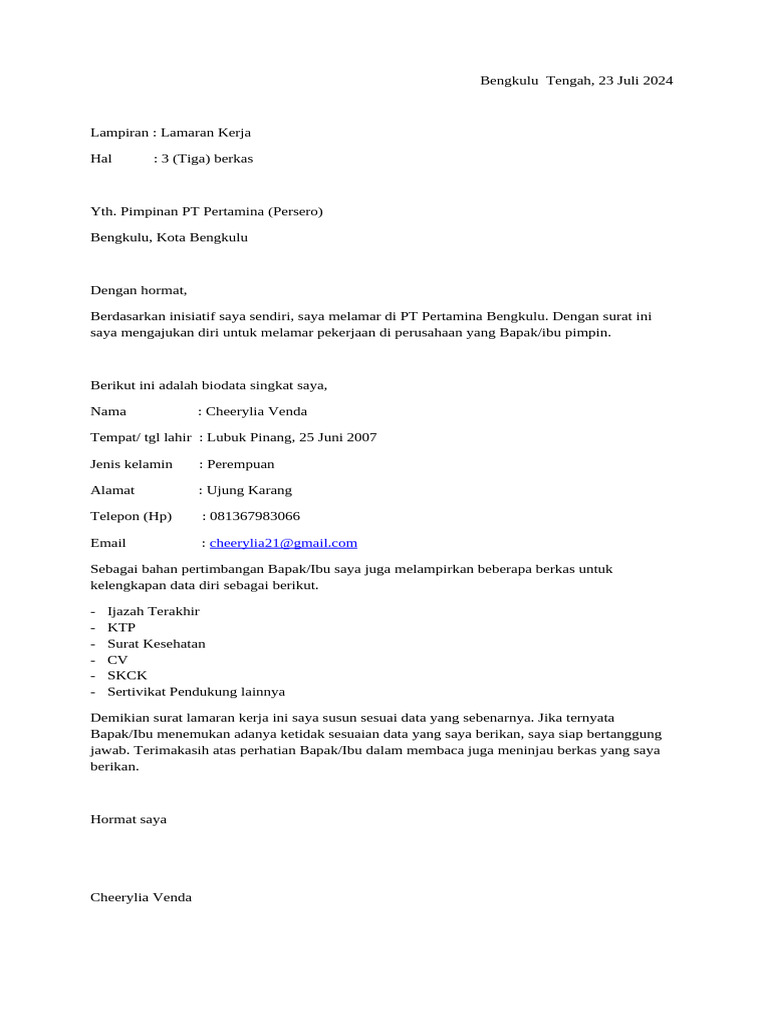 Surat Lamaran Kerja Inisiatif | PDF