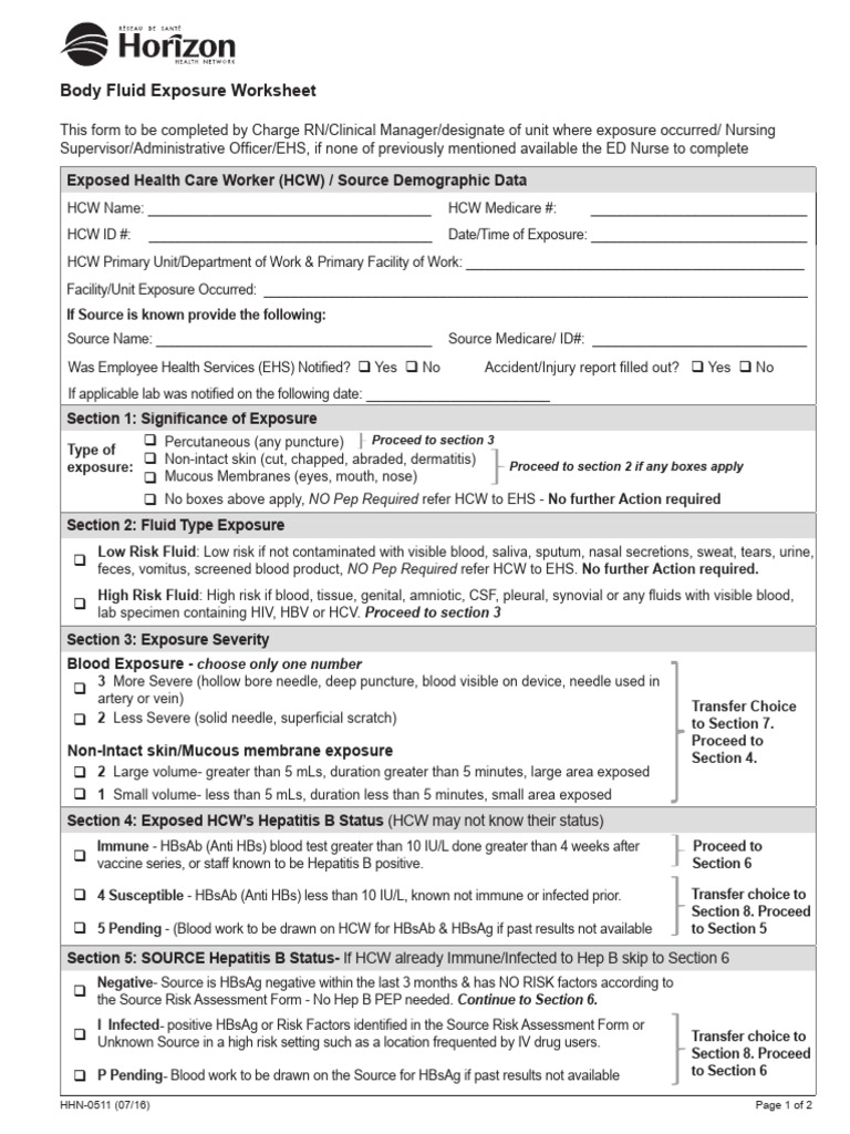 Body Fluid Exposure Worksheet1 | PDF | Hepatitis B | Clinical Medicine