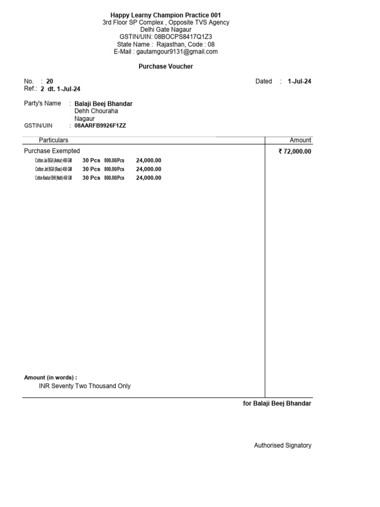 Tally Practice Purchase Invoice @003 | PDF