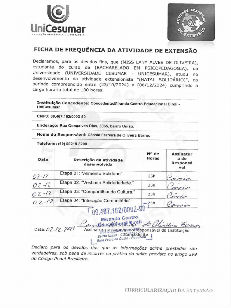 Ficha Miss Lany Alves de Oliveira | PDF