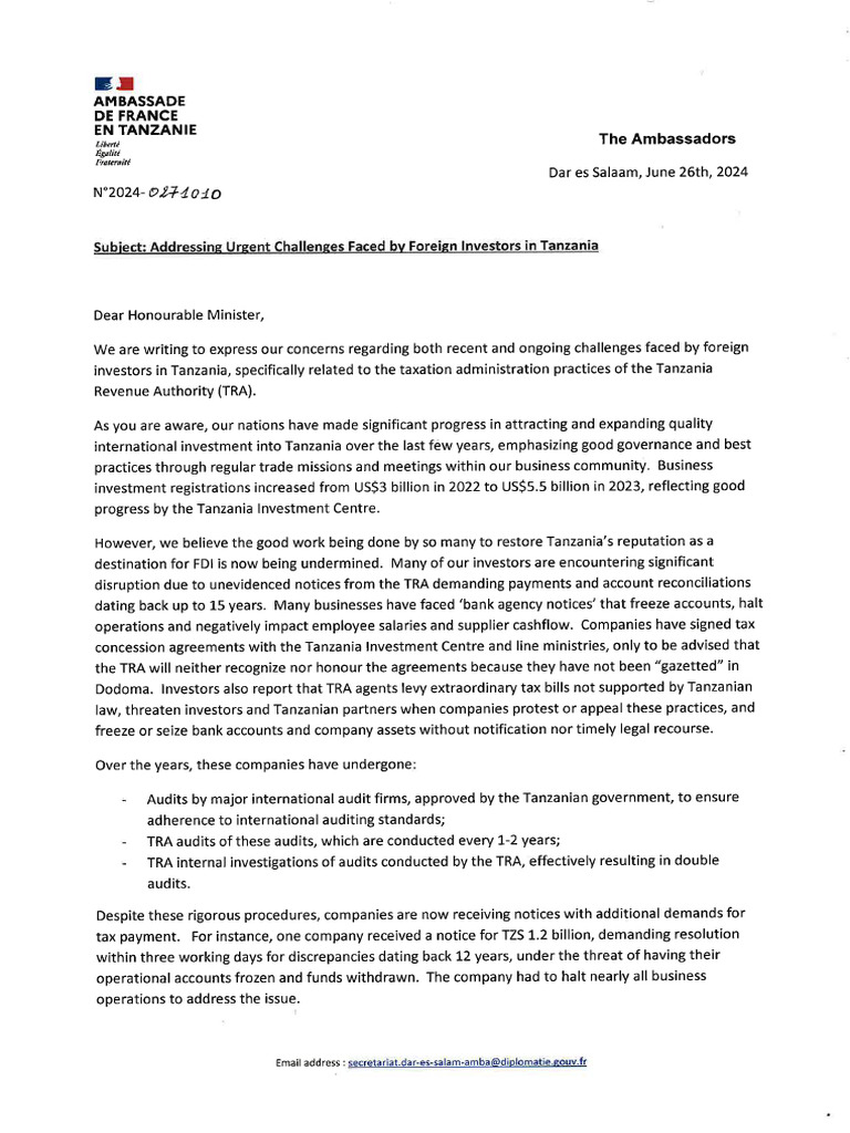 Joint Letter From Ambassadors To Hon J Makamba Taxation of Foreign | PDF