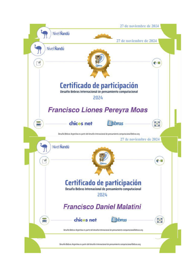 Certificados Desafios Bebras 2024 Quinto Grado B | PDF