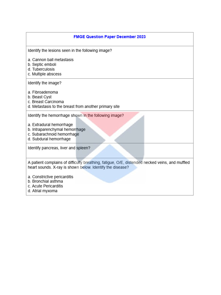 FMGE December 2023 Medical Image Identification | PDF