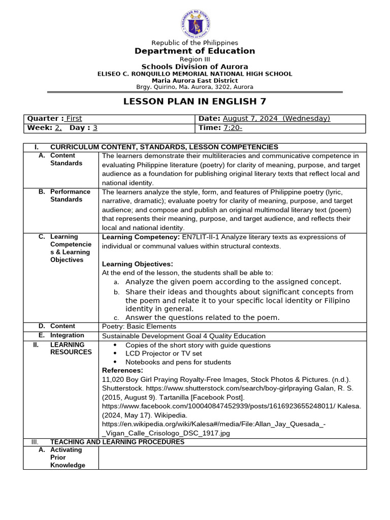 Matatag LP-Q1 - WK 2 Day 3 | PDF | Poetry | Learning